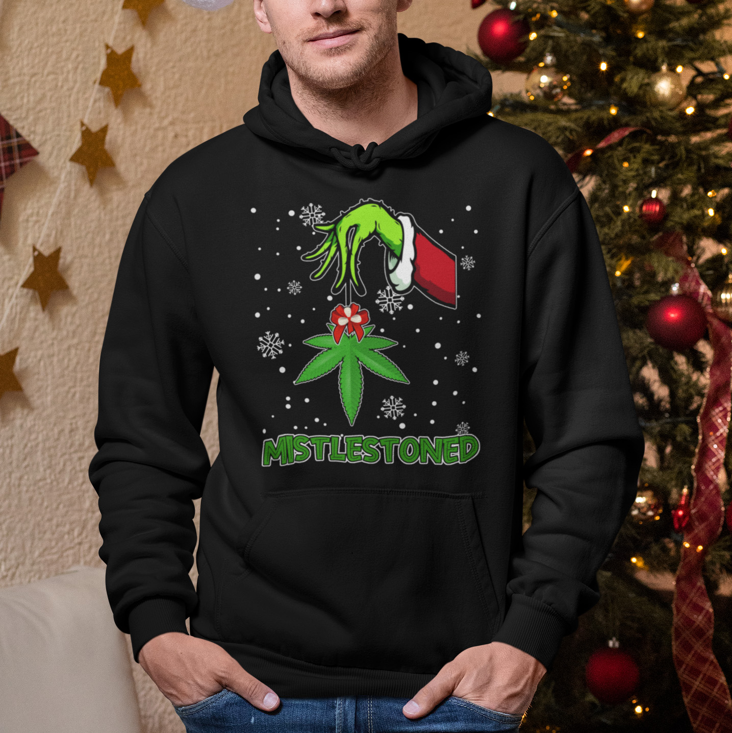 Mistlestoned Hoodie | Mistlestoned Green Hand Weed Christmas Marijuana ...
