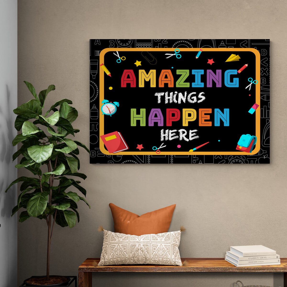 Amazing Things Happen Here Framed Canvas - Motivational Poster For ...
