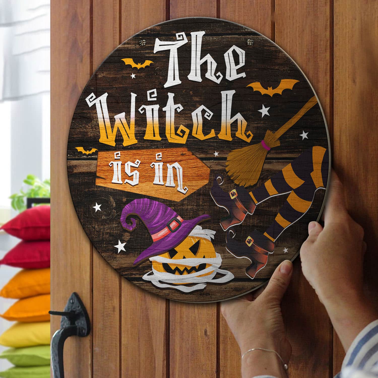 The Witch Is in Halloween Decoration Door Sign Decorative Circle Wooden ...