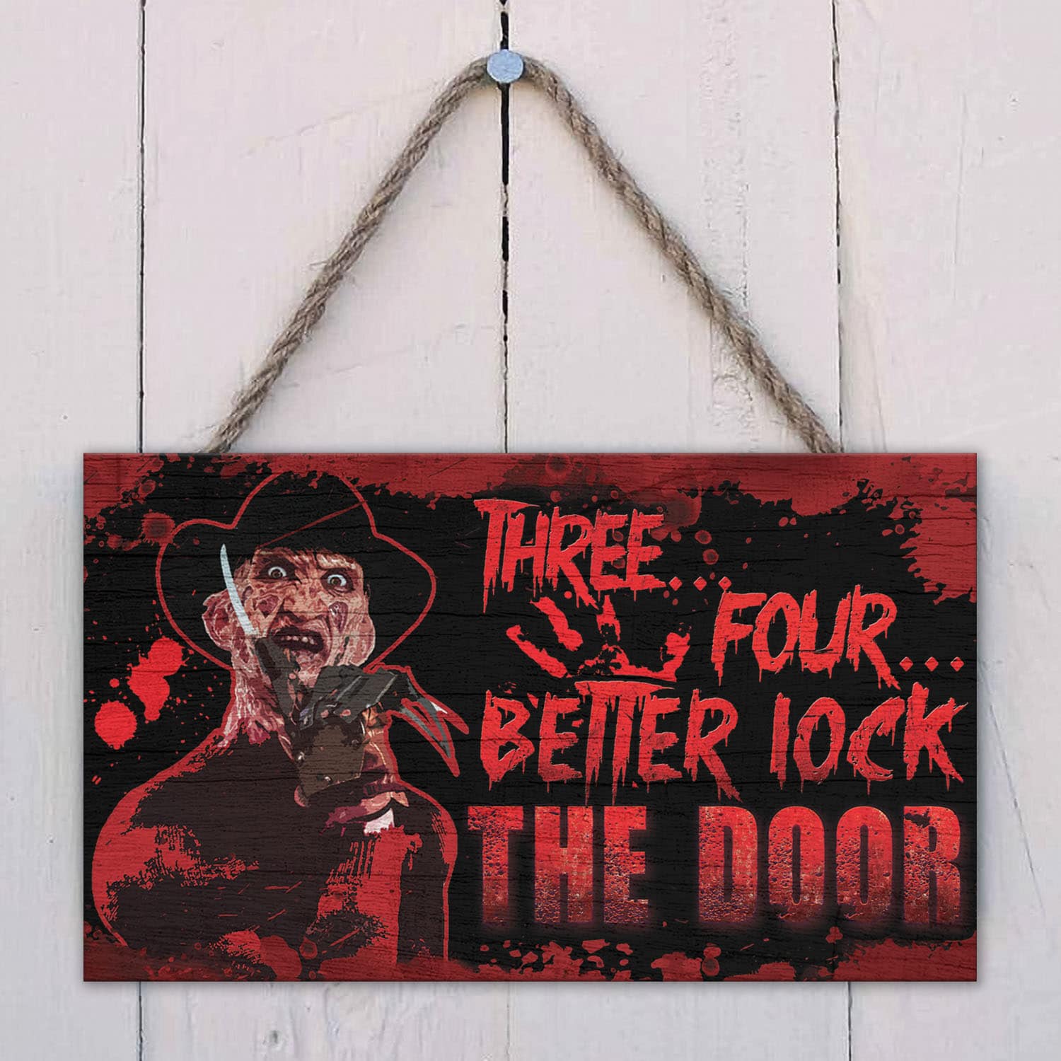 Three Four Better Lock The Door Halloween Freddy Krueger Wooden Door ...
