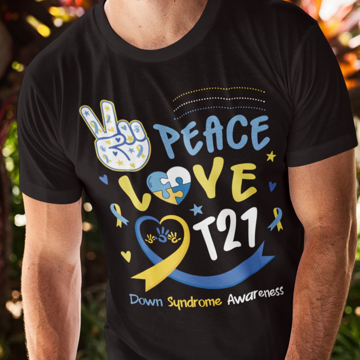 Peace Love T21 Down Syndrome Awareness T-Shirt - V-Neck Shirt - Down Syndrome Awareness Ribbon ...