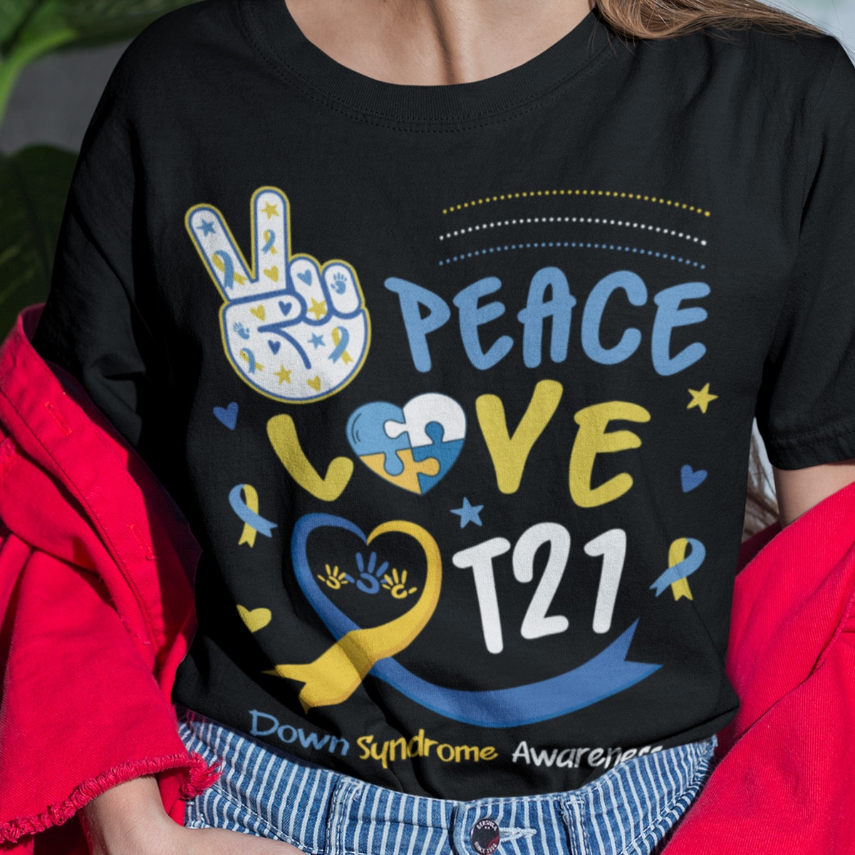 Peace Love T21 Down Syndrome Awareness T-Shirt - V-Neck Shirt - Down Syndrome Awareness Ribbon ...